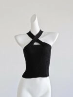 Black Ribbed Cross Neck Halter Top | Yuna - ITZY - Fashion Chingu