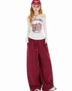 American Style Red Wide Leg Relaxed Sweatpants - Fashion Chingu