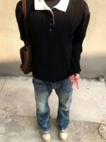 Black Faux Two-Piece Polo Sweater | San - ATEEZ - Fashion Chingu