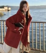 Korean Style Hooded Red Slim Fit Coat - Fashion Chingu