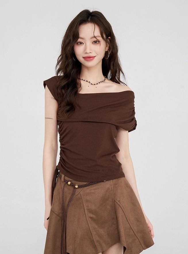 Brown One Off Shoulder Blouse | The Other Aesthetic